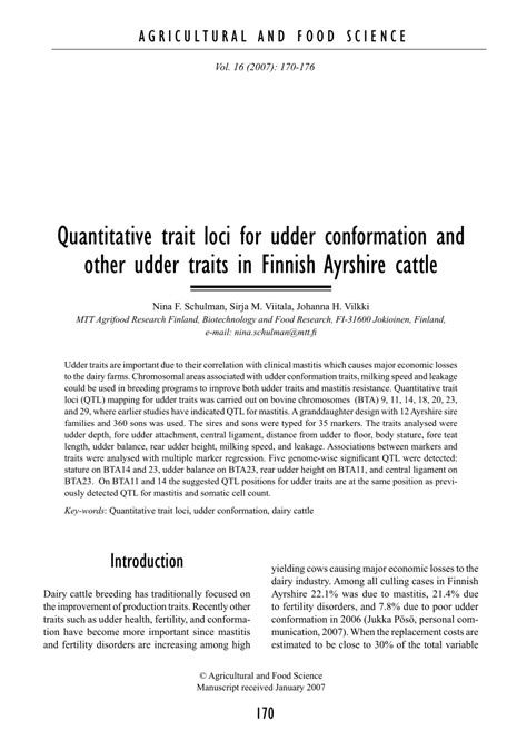 Pdf Quantitative Trait Loci For Udder Conformation And Other Udder
