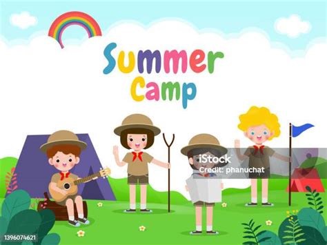 여름 캠프 아이들은 광고 브로셔 포스터에 대한 스카우트 명예 유니폼 배너 템플릿 배경 교육을 착용 캠핑 활동을하는 행복한 아이들 전단지 텍스트 플랫 벡터 일러스트 레이 션