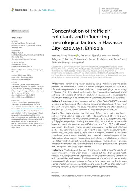 Pdf Concentration Of Traffic Air Pollutants And Influencing Metrological Factors In Hawassa