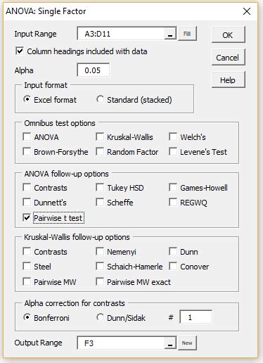 multiple t tests real statistics using excel