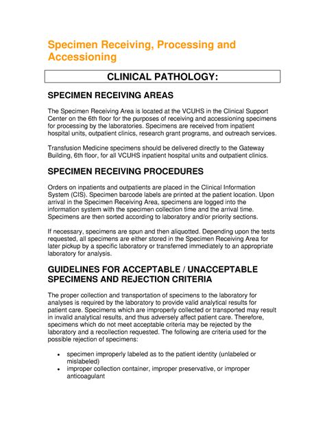 Specimen Receiving Specimens Are Received From Inpatient Hospital Units Outpatient Clinics