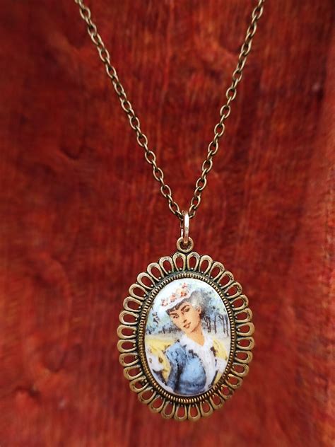 Antique Portrait Miniature Pendant Brooch Brass Chain Necklace Romantic