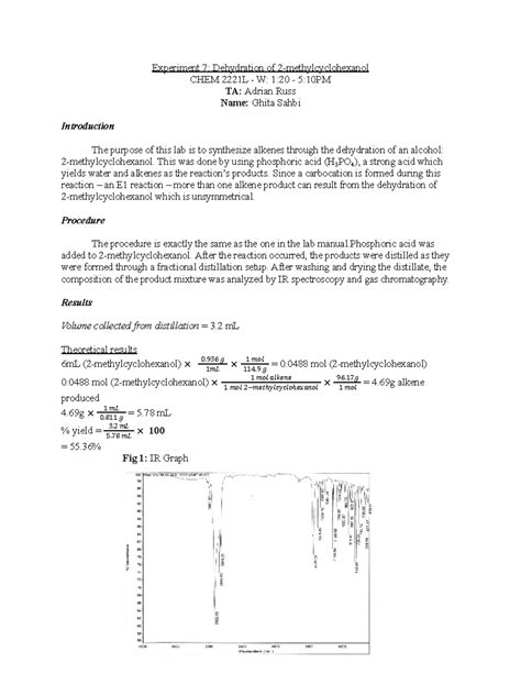 Lab 7 Dehydration Of 2methylcyclohexanol Experiment 7 Dehydration Of 2 Methylcyclohexanol
