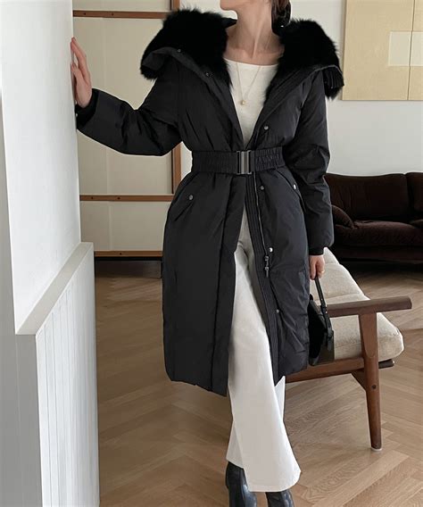 에이마 완전가벼운 구스100 구스 다운 벨트 롱 패딩 5color 사가폭스 퍼 경량 거위털