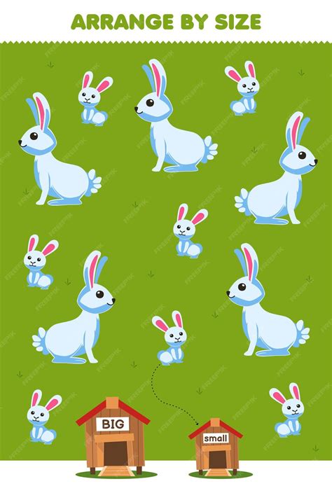 어린이를 위한 교육 게임은 귀여운 만화 토끼 인쇄 가능한 농장 워크시트의 우리에 넣어 크거나 작은 크기로 정렬 프리미엄 벡터