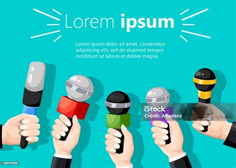 기자 손에 마이크로폰입니다 마이크와 청록색 배경에 레코더의 집합입니다 텔레비전 인터뷰입니다 평면 벡터 일러스트입니다 개념에 대한