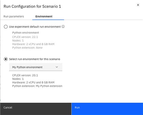 Selecting A Different Run Environment For A Scenario In A Decision