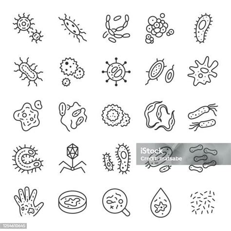 박테리아 바이러스 아이콘 세트 미생물 다양한 모양 선형 아이콘 편집 가능한 스트로크 가냘픈에 대한 스톡 벡터 아트 및 기타 이미지 Istock