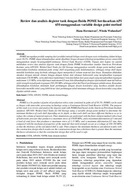 Pdf Review Dan Analisis Degister Tank Dengan Fluida Pome Berdasarkan Api 650 Menggunakan