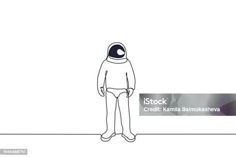 고독한 우주 비행사는 닫힌 헬멧으로 우주복에 서 있습니다한 선 그리기 벡터 우주 비행사의 날 개념 우주 비행사 옷 Astronaut Training에 대한 스톡 벡터 아트