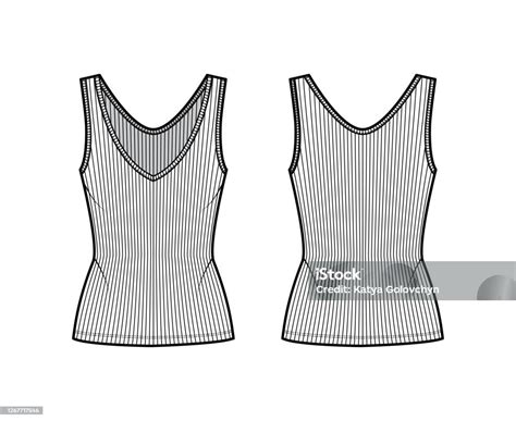 리브드 오픈 니트 탱크 테크니컬 패션 일러스트레이션 몸에 핏 딥 V 넥라인 길쭉한 밑단 플랫 아웃웨어 탑 0명에 대한 스톡 벡터 아트 및 기타 이미지 Istock