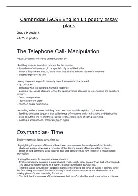 Summary Grade 9 Cambridge Igcse Poetry Essay Plans English Stuvia Uk