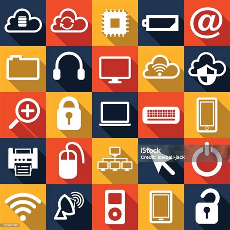 Computer Square Flat Design Icon Set With Side Shadow Stock