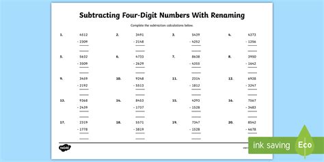 subtracting four digit numbers without renaming worksheet