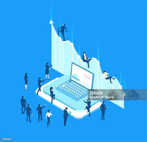 그래프와 차트를 중심으로 함께 작업하고 프로젝트에서 공동 작업하고 아이디어를 공유하고 이익을 계산하고 등각 투영 일러스트레이션을 수행하는 사업가 개념에 대한 스톡 벡터 아트