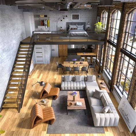 Industrial Style Loft Apartment With Arch Windows And Indoor Balcony 3d