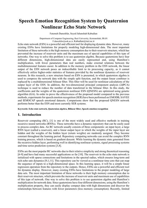 Pdf Speech Emotion Recognition System By Quaternion Nonlinear Echo
