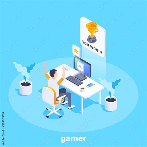 Isometric Vector Image On A Blue Background A Young Man Plays At A