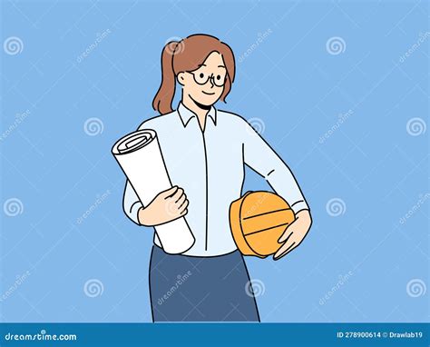 Smiling Female Architect With Blueprints And Helmet Vector Illustration
