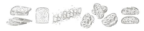 얇게 썬 빵 세트 샌드위치를위한 토스트 빵의 컷 덩어리 로고 아이콘 벡터 스케치 사실적인 라인 빈티지 일러스트 레이 션 라인아트에 대한 스톡 벡터 아트 및 기타 이미지