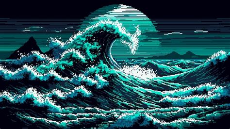 쓰나미 바다 파도 풍경 Ai는 눈에 띄는 픽셀화된 자연 재해로 8비트 픽셀 게임 장면 배경을 생성했습니다 기상 조건은 격동하는 바다 폭풍의 강도와 힘을 포착합니다 프리미엄 벡터