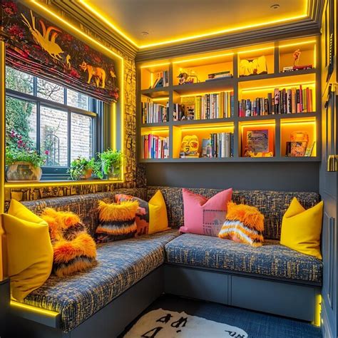 Cozy Reading Nook With Yellow Led Lighting And Builtin Bookshelf