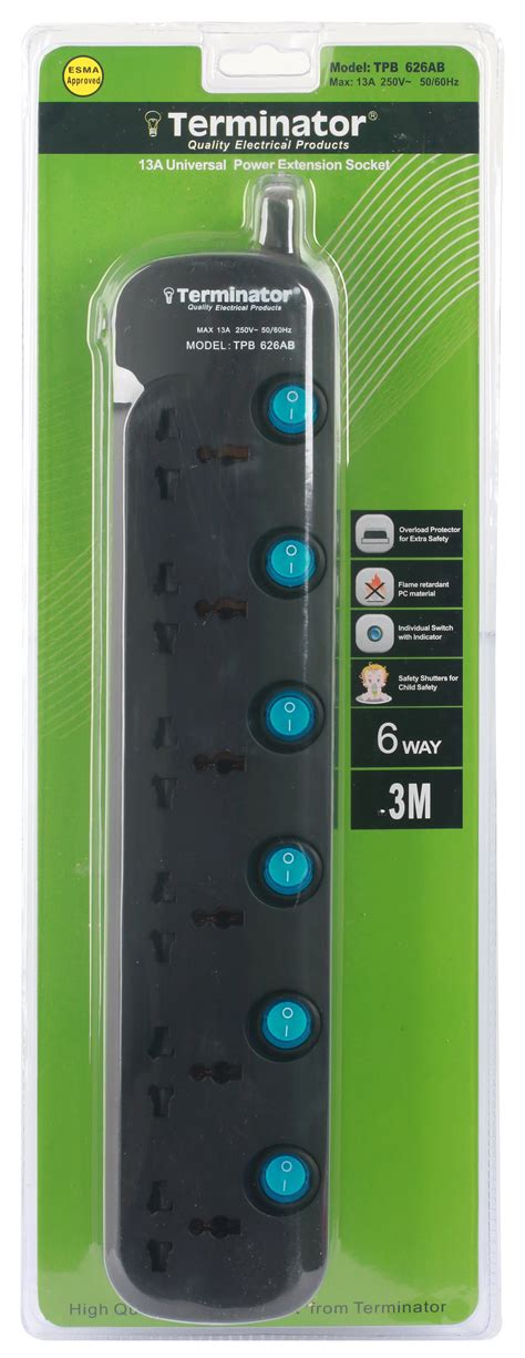 Terminator 6 Way Universal Power Extension Socket 3x1 25mm2 Black Body And Blue Switch 3m Cable