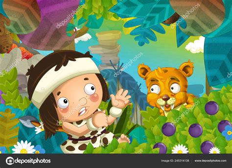 Cartoon Scene Caveman Barbarian Warrior Spear Gathering Fruits