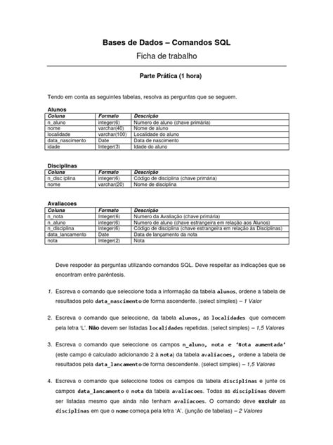 Ficha De Bd Pdf Tabela Banco De Dados Sql