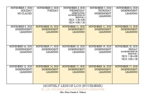 November Lesson Log Pdf