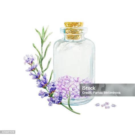 라벤더 목욕 소금과 장식 손으로 그린 수채화 꽃의 그림이 고립되어 있습니다 화장품 라벨 엽서 Spa 인증서 초대장용 건강한 생활방식에 대한 스톡 벡터 아트 및 기타 이미지