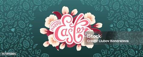 행복한 부활절 가로 벡터 배너입니다 벚꽃 현실적인 스타일 낙서 패턴 초콜릿 계란 데이지와 튤립 빈티지 레터링 포스터 엽서 광고 배너 웹사이트 전단지 0명에 대한 스톡 벡터