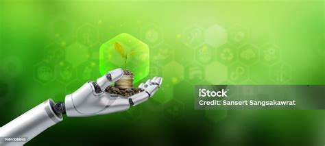 환경 기술 개념 로봇 손은 환경 아이콘 인공 지능 및 기술 생태학이 있는 작은 식물을 들고 있습니다 녹색 기술 및 환경 기술 Sdgsai 공학에 대한 스톡 사진 및 기타