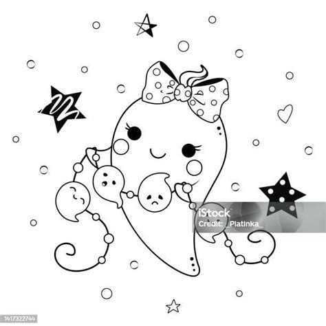 할로윈 색칠 공부 페이지를위한 화환이있는 카와이 유령 개요 만화 벡터 일러스트 레이 션 컬러링 북 페이지 일러스트레이션 기법에 대한 스톡 벡터 아트 및 기타 이미지