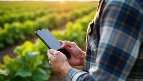 Farmer Uses Smartphone App For Crop Monitoring Checks For Pest Nutrient Issues Stock