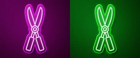 보라색과 녹색 배경에 고립 된 아이콘을 트리밍 을위한 빛나는 네온 라인 원예 수제 가위 나무 손잡이가 있는 가지치기 가위 벡터 일러스트레이션 가위에 대한 스톡 벡터 아트 및