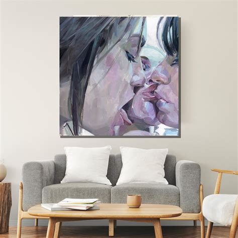 Romantic Lesbian Kiss Painting Sensual Abstract Love Art Intimate