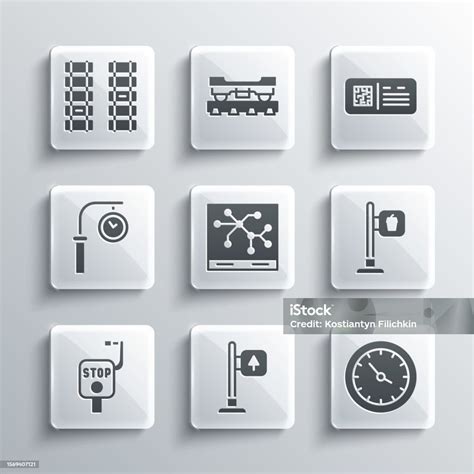 도로 교통 표지판 기차역 시계 카페 및 레스토랑 위치 철도지도 비상 브레이크 철도 철도 트랙 및 Qr 코드 티켓 기차 아이콘을 설정합니다 벡터 0명에 대한 스톡 벡터 아트