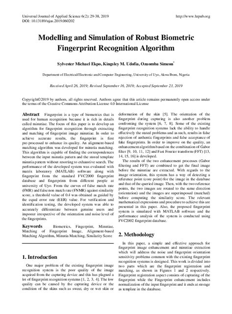 Pdf Modelling And Simulation Of Robust Biometric Fingerprint