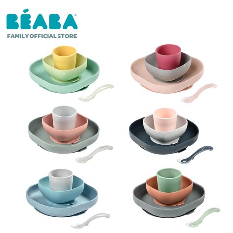 Beaba Silicone Suction Meal Set 4 Pcs Night Blue Eucalyptus Blue Pink Yellow Jungle