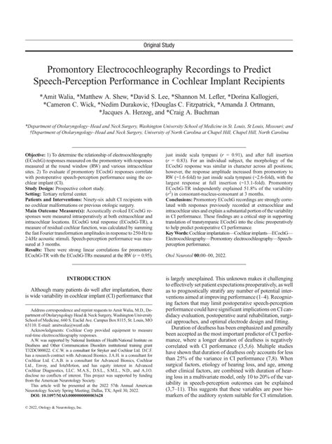 Pdf Promontory Electrocochleography Recordings To Predict Speech