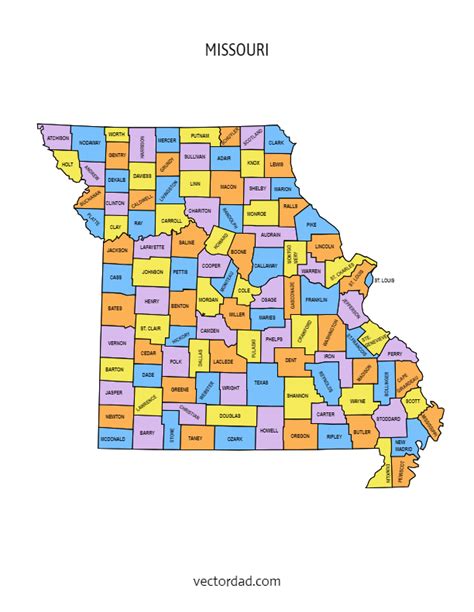 Free Printable Multi Colored Map Of Missouri County