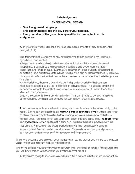 Lab Assignment Lab Lab Assignment EXPERIMENTAL DESIGN One Assignment Per Group This