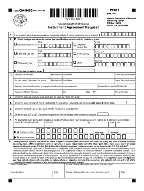 Georgia Installment Agreement Request Form Ga 9465 Fill Out And Sign