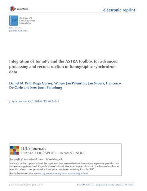 Pdf Integration Of Tomopy And The Astra Toolbox For Advanced Processing And Reconstruction Of