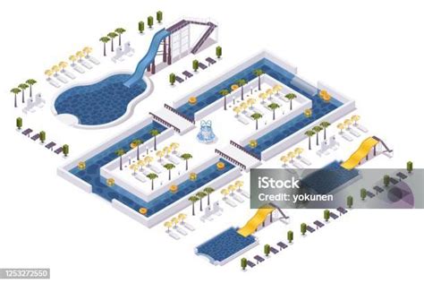 동급 워터 파크 수영장이있는 다채로운 슬라이드 세트가있는 호텔 야외 장면 손바닥 일광욕용 침대 사람 없음 등측투영법에 대한 스톡 벡터 아트 및 기타 이미지 Istock
