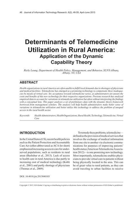 Pdf Determinants Of Telemedicine Utilization In Rural America Application Of The Dynamic