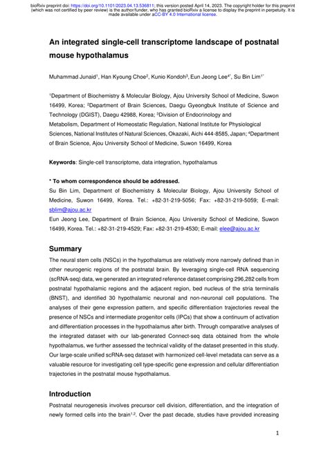 Pdf An Integrated Single Cell Transcriptome Landscape Of Postnatal Mouse Hypothalamus