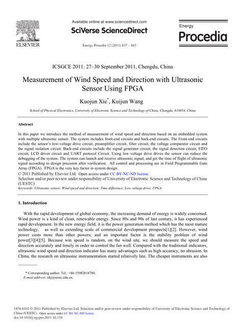 Pdf Measurement Of Wind Speed And Direction With Ultrasonic Sensor Using Fpga