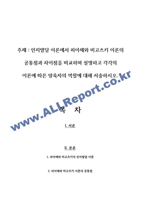 인지발달 이론에서 피아제와 비고츠키 이론의 공통점과 차이점을 비교하며 설명하고 각각의 이론에 따른 양육자의 역할에 대해 서술하시오인문사회레포트